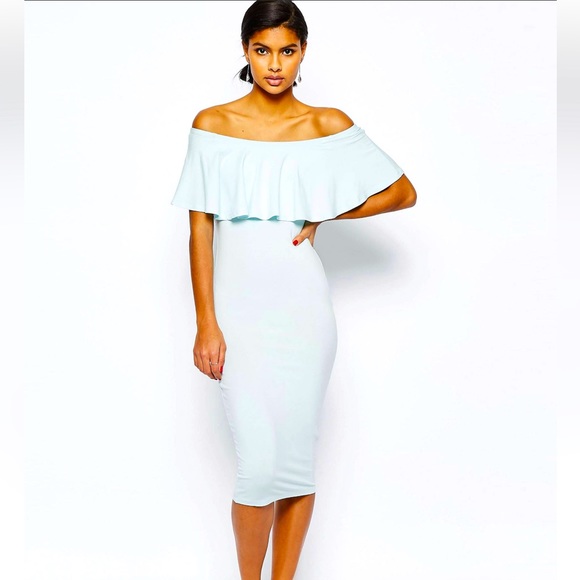 ASOS | Dresses | Asos Ruffle Off Shoulder Bardot Pencil Midi Dress ...